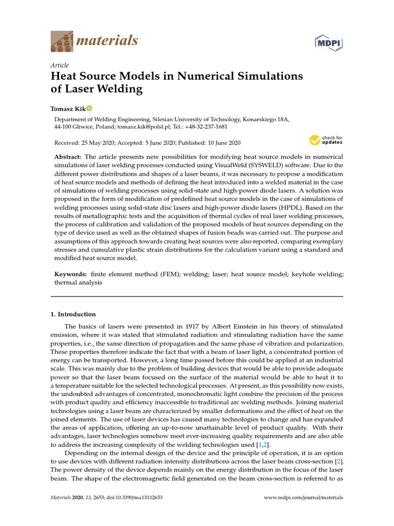 Heat Source Models in Numerical Simulations of Las | PDF | Laser | Welding