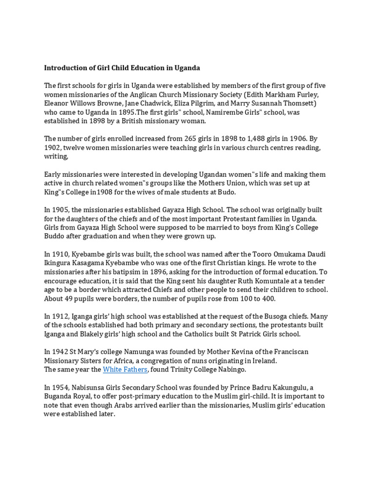 History of Girls' Education in Uganda | PDF | Uganda | Missionary