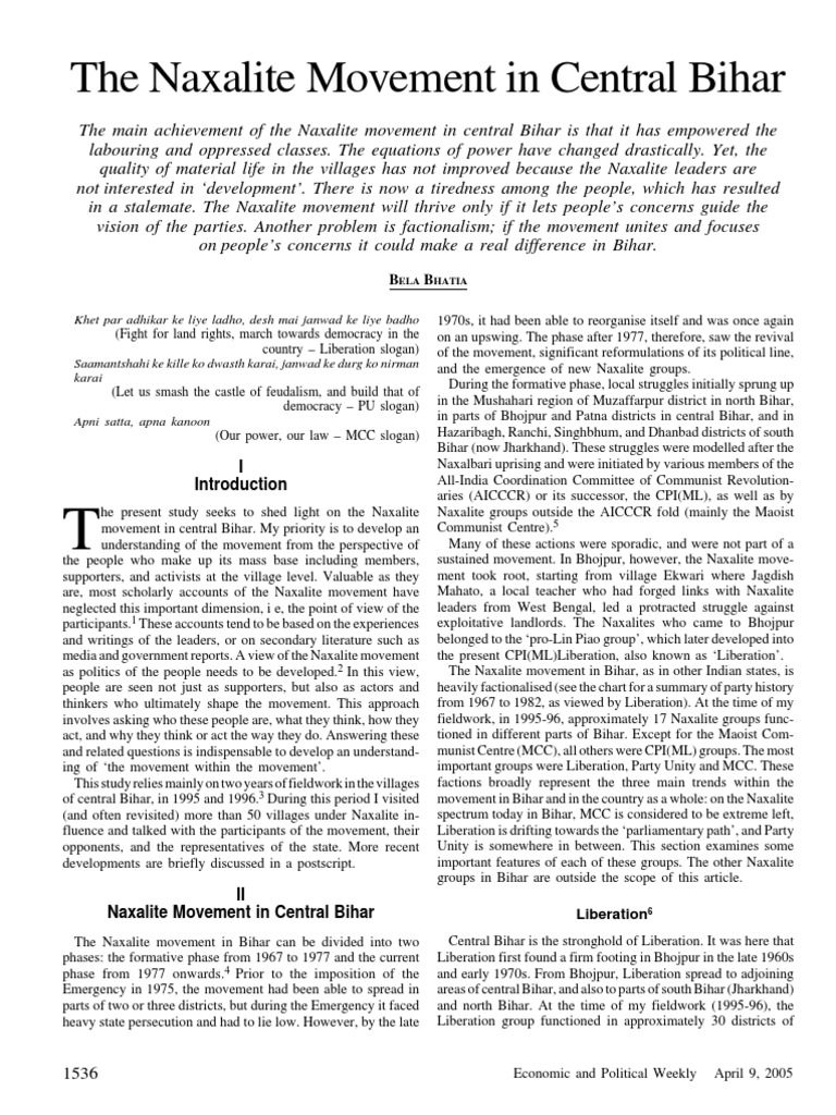 Bela Bhatia - The Naxalite Movement in Central Bihar | PDF | Politics