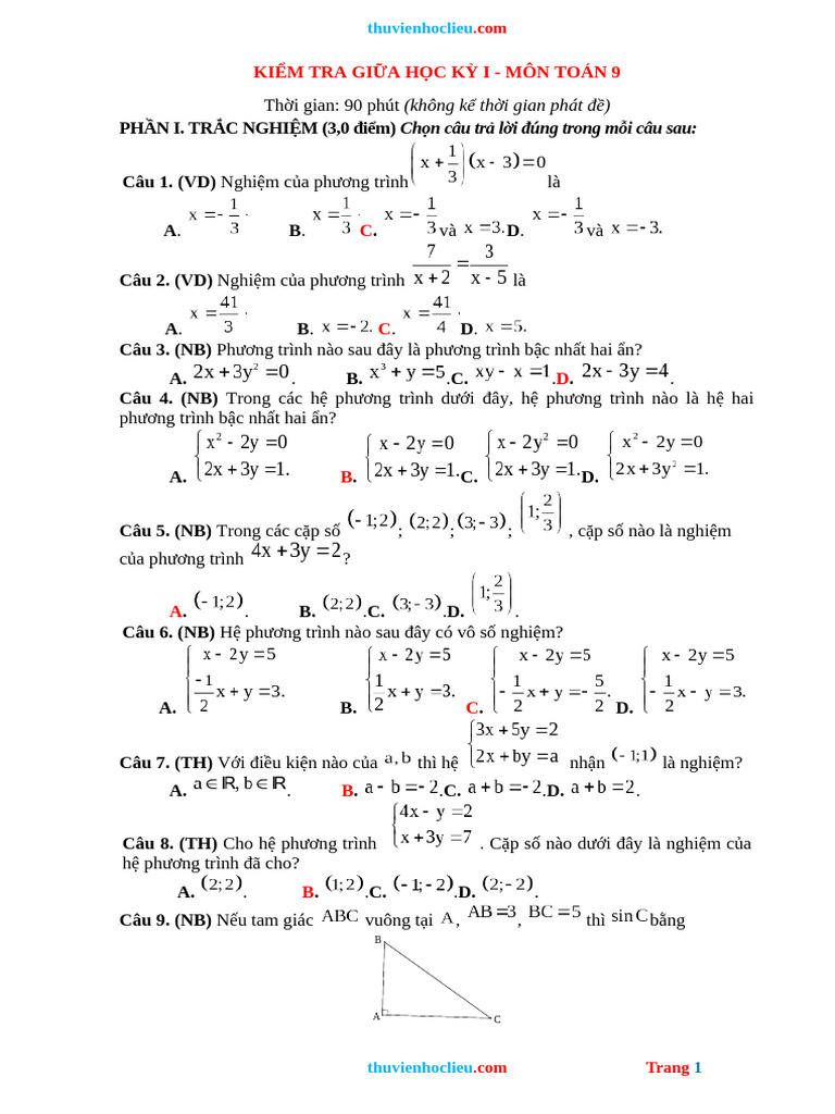 Thuvienhoclieu.com de Kiem Tra Giua HK1 Toan 9 Canh Dieu | PDF