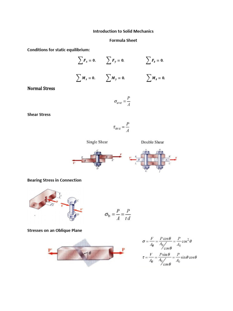 Formula Sheet - Introduction to Solid Mechanics | PDF