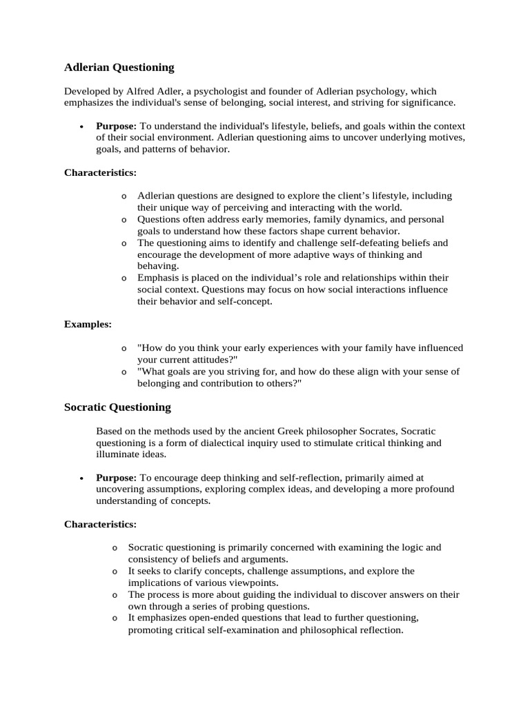 Adlerian Questioning Vs Socratic Questioning PDF | PDF | Critical Thinking | Psychology