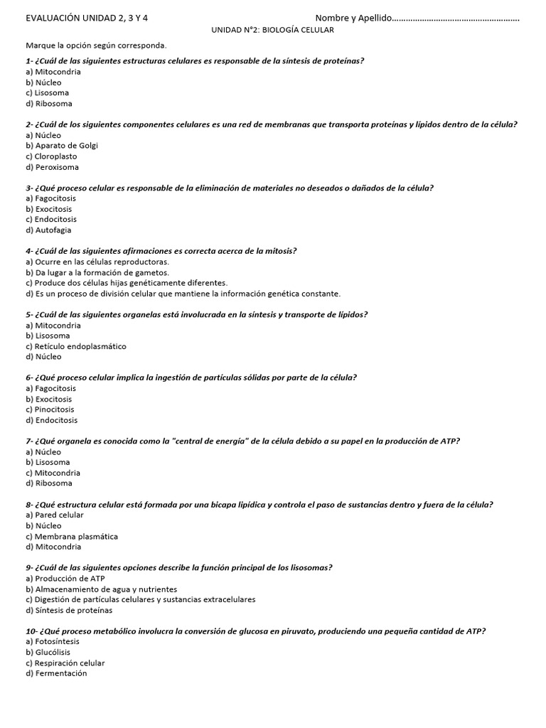 Examen Unidad 2,3,5 y 6 (1) Medicina | PDF | Biología Celular ...