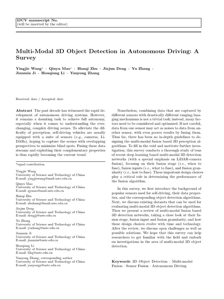 Multi Modal 3d Object Detection In Autonomous Driving [a Survey] Pdf