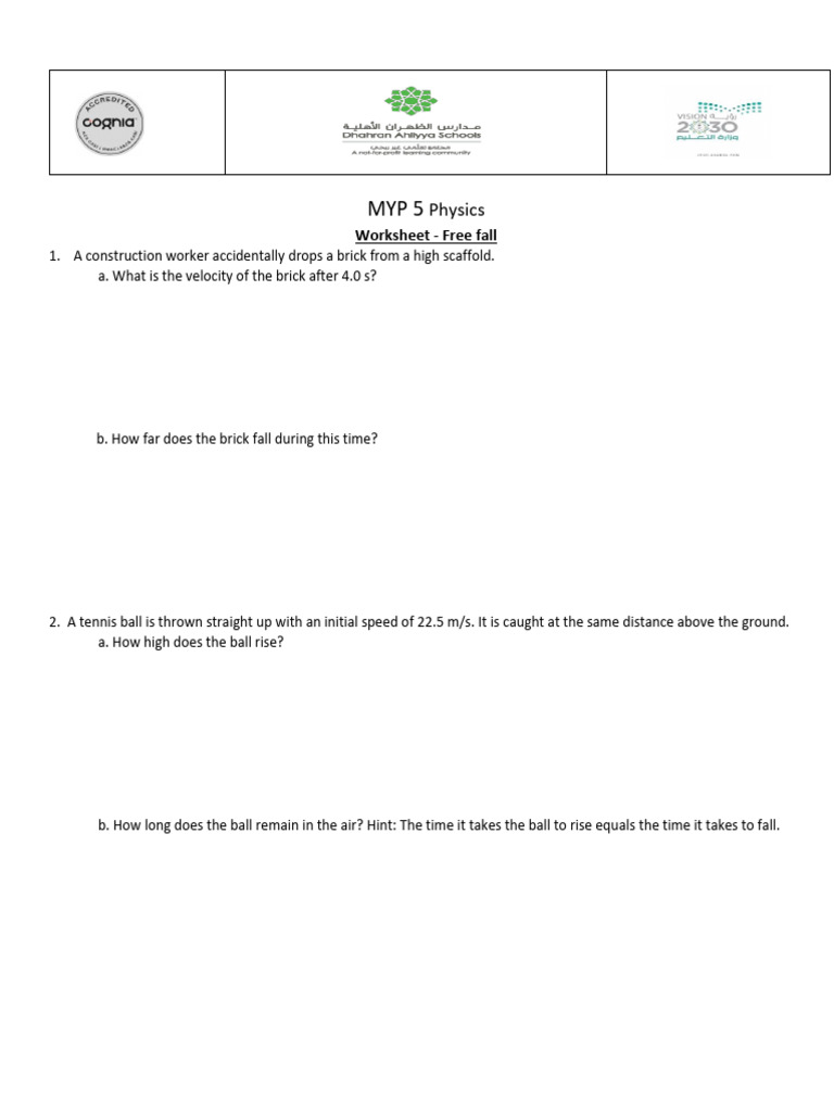Free Fall Physics Worksheet | PDF
