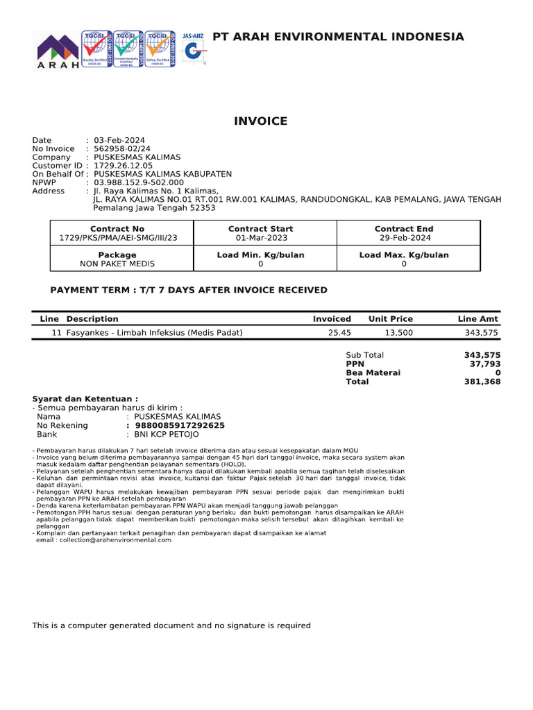 Invoice Limbah Februari Puskesmas Kalimas | PDF