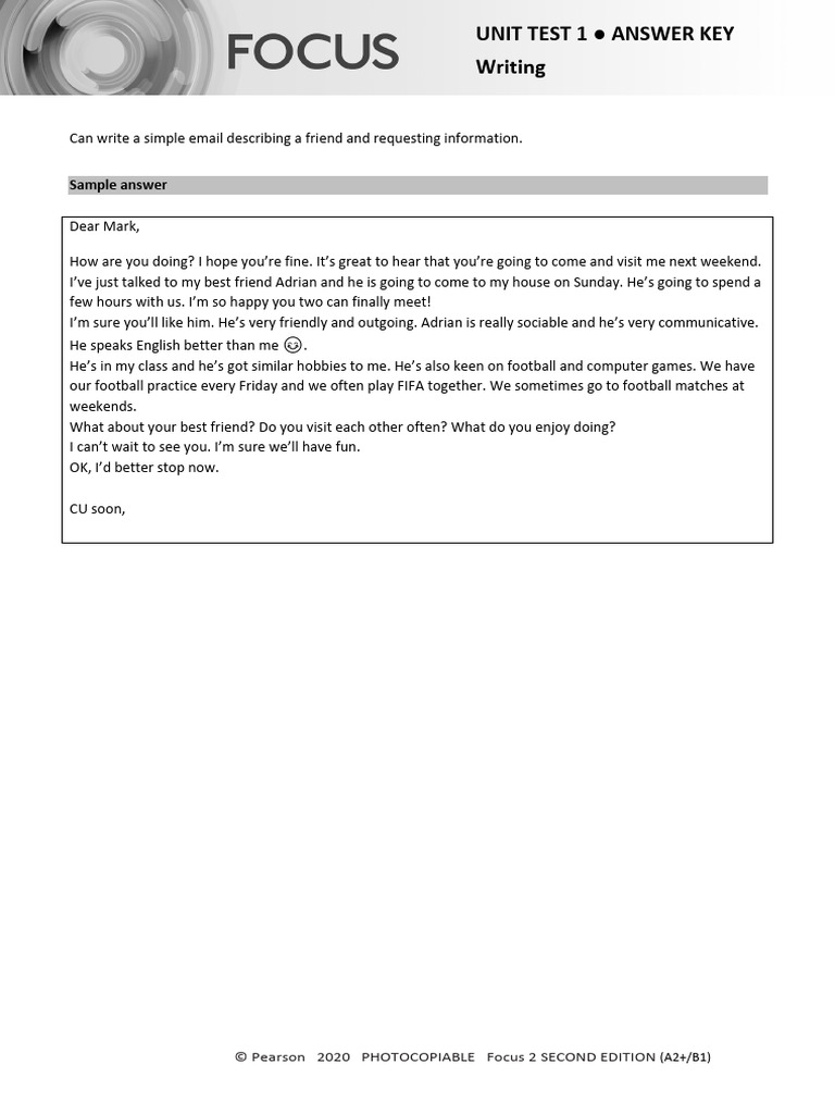 Focus2 2E Unit Test Writing Unit1 ANSWERS | PDF | Vocabulary | Cognition