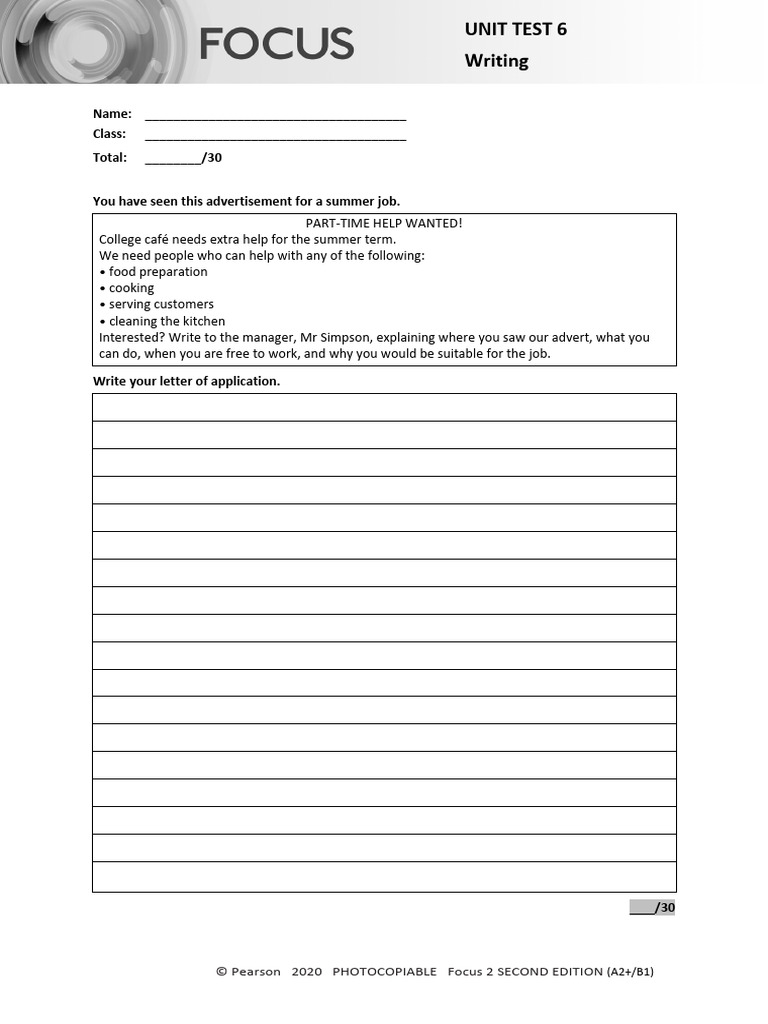 Focus2 2E Unit Test Writing Unit6 | PDF