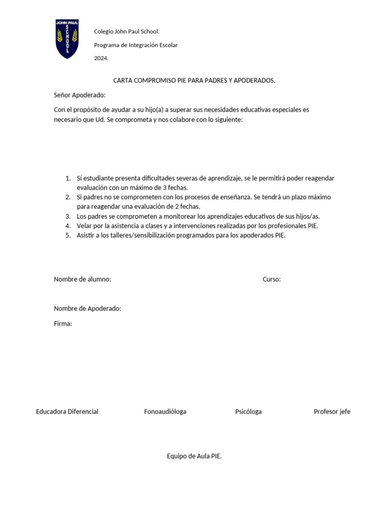 Carta Compromiso Pie para Padres y Apoderados | PDF