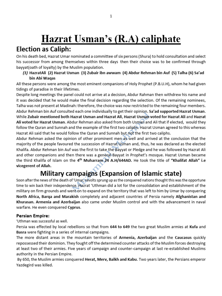 Hazrat Usman's caliphate 2024 | PDF | Umar | Caliphate