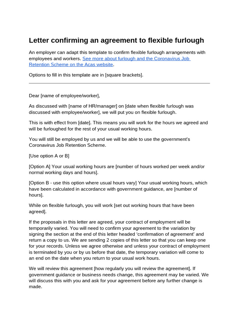 Letter Confirming Agreement To Flexible Furlough | PDF | Employment ...
