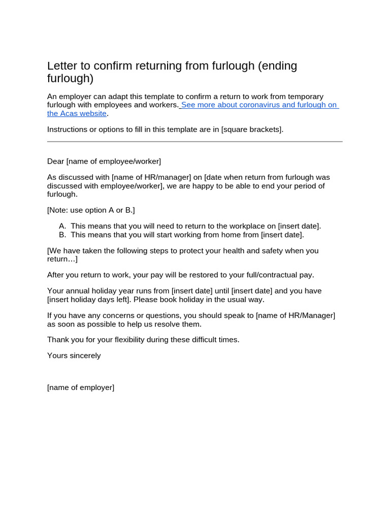 Furlough Return Confirmation Template | PDF
