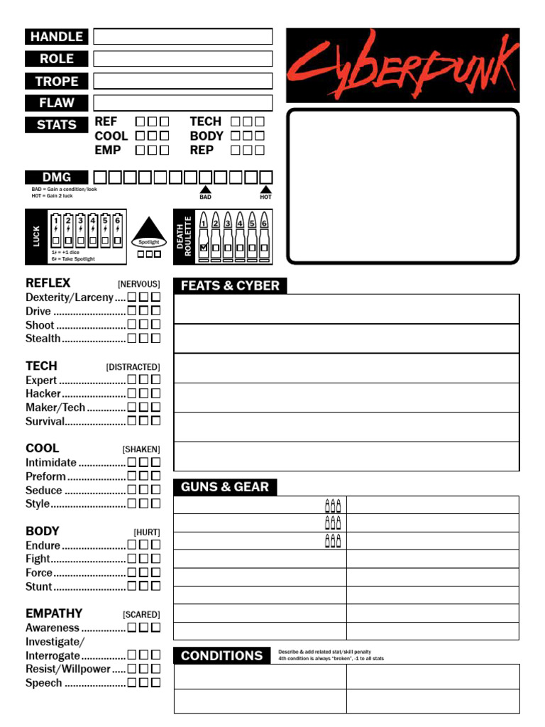 Cyberpunk Character Sheets For Outgunned | PDF
