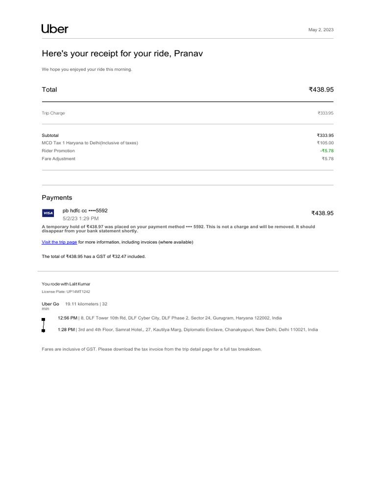 Uber Bill 2.5.23 GGN Office To TDSAT | PDF