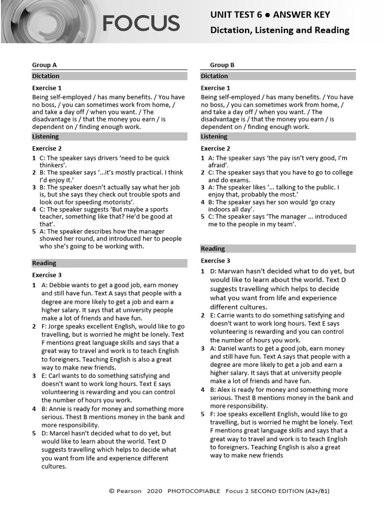 Focus2 2E Unit Test Dictation Listening Reading Unit6 GroupA B ANSWERS ...
