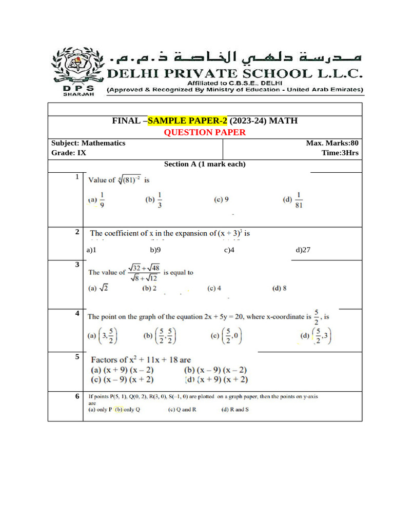 GR 9 - Math - Final - Sample Paper-2 - QP - 2023-24 | PDF | Area | Triangle