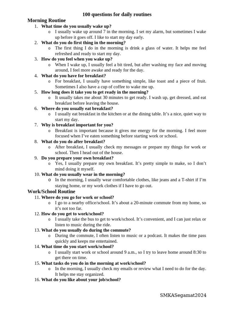 Daily Routine Questions for Students | PDF | Lunch | Homework