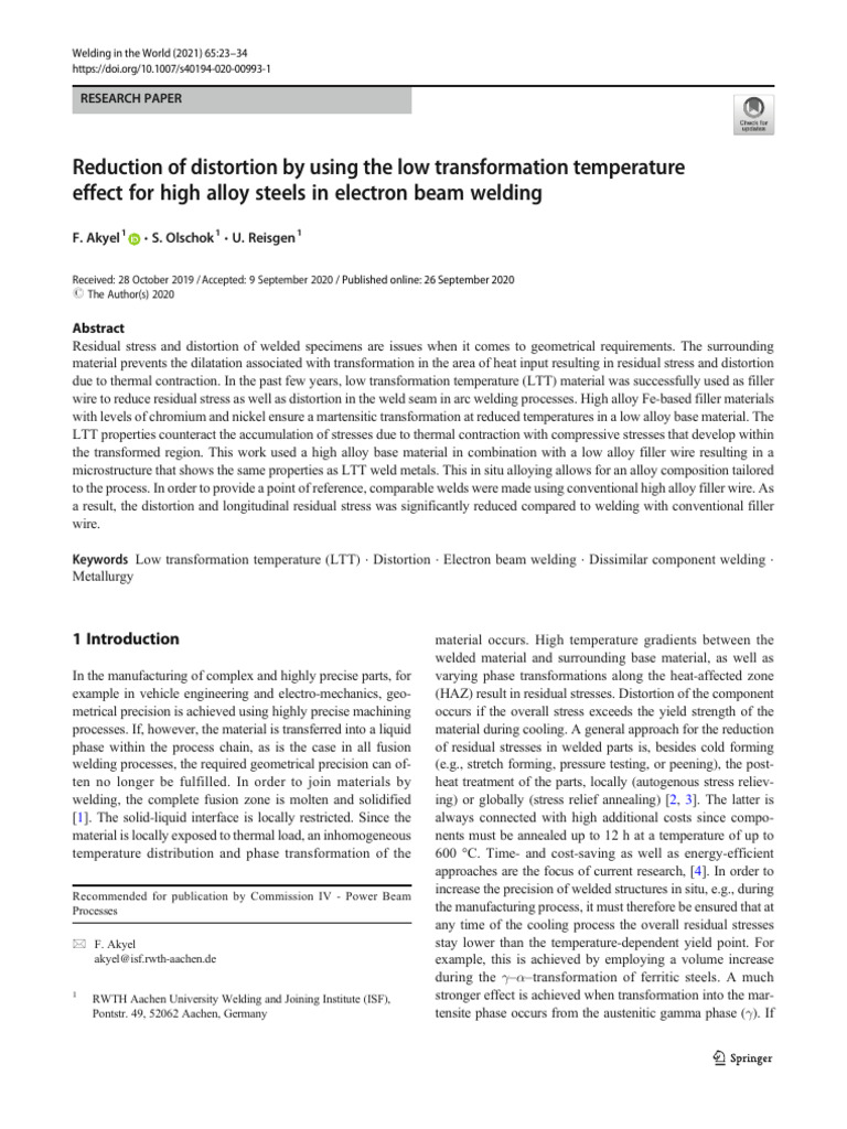 Reduction of Distortion by Using The Low Transformation Temperature | PDF | Welding | Construction