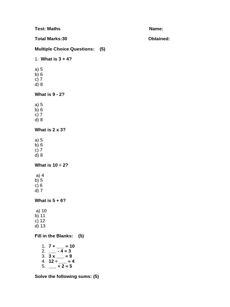 Maths Test | PDF