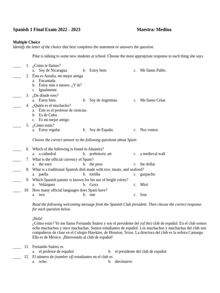 Spanish 1 Final Exam 2022-2023..( 2 ) | PDF