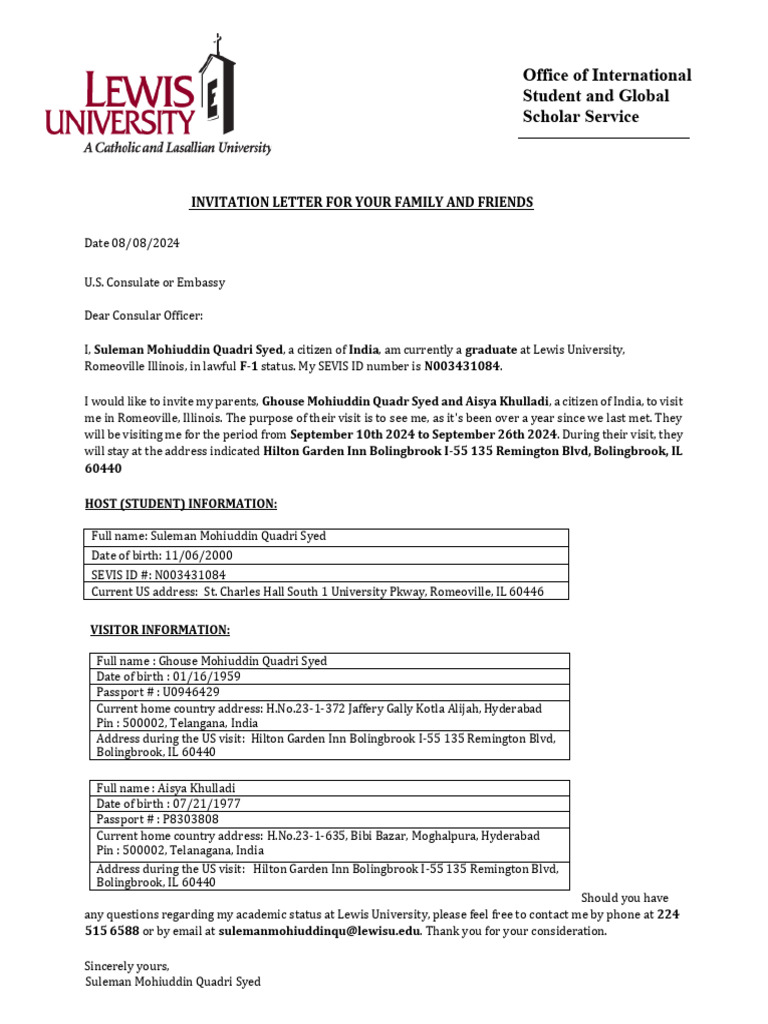 Invitation Letter for Family Visit | PDF