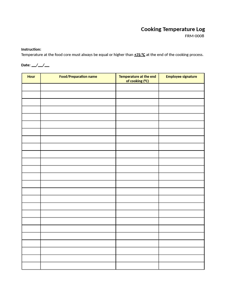 GN 2103 FRM 0008 Ver.001 Cooking Temperature Log | PDF