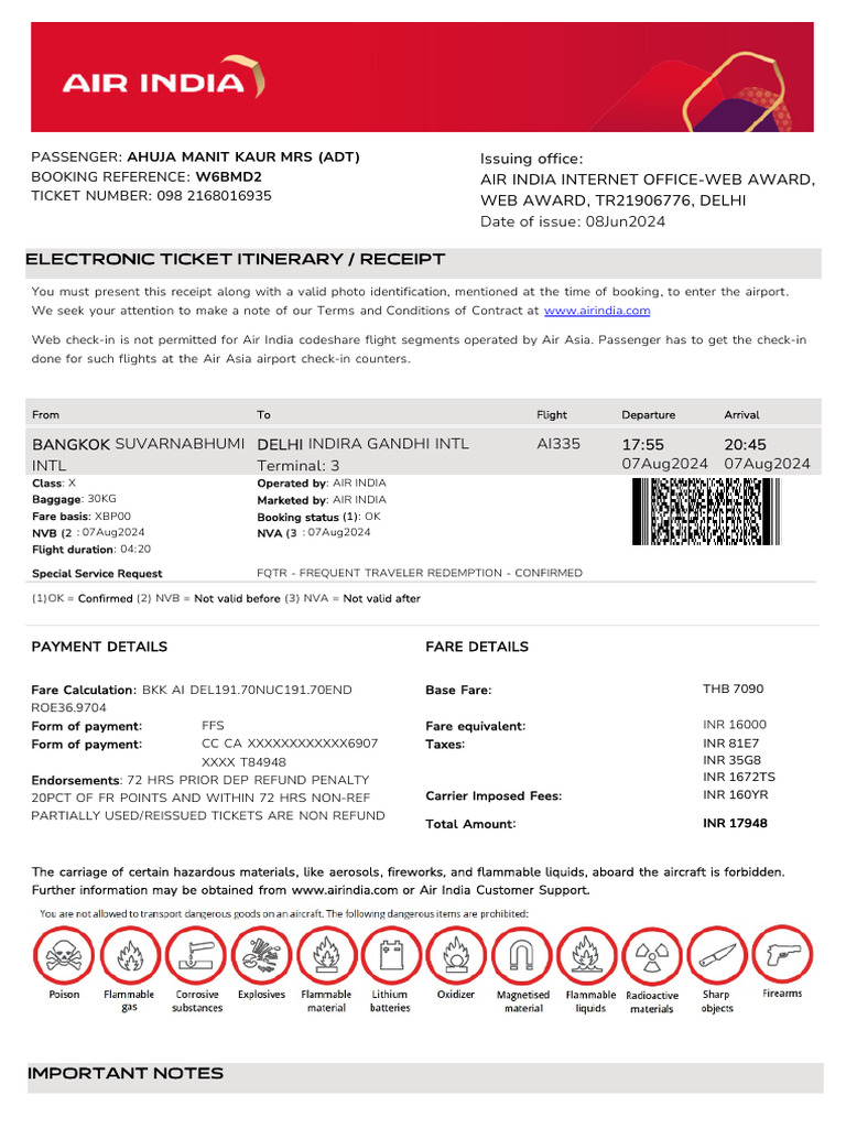 Manit Kaur - BKK - Del Ticket New | PDF