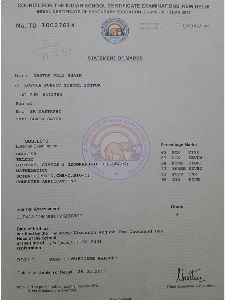 10th Marks Certificate | PDF