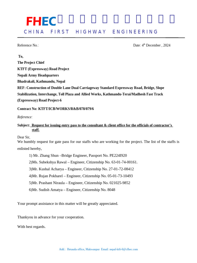 Request for Issuing Entry Pass to the Consultant & Client Office for ...