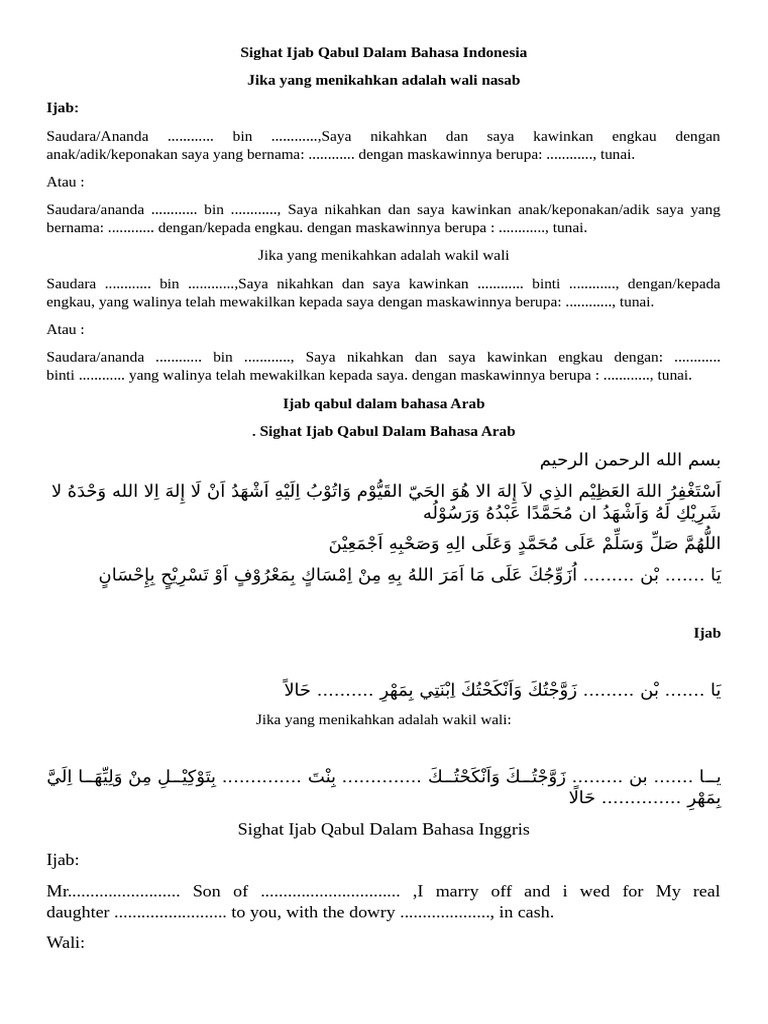 Sighat Ijab Qabul Dalam Bahasa Indonesia | PDF