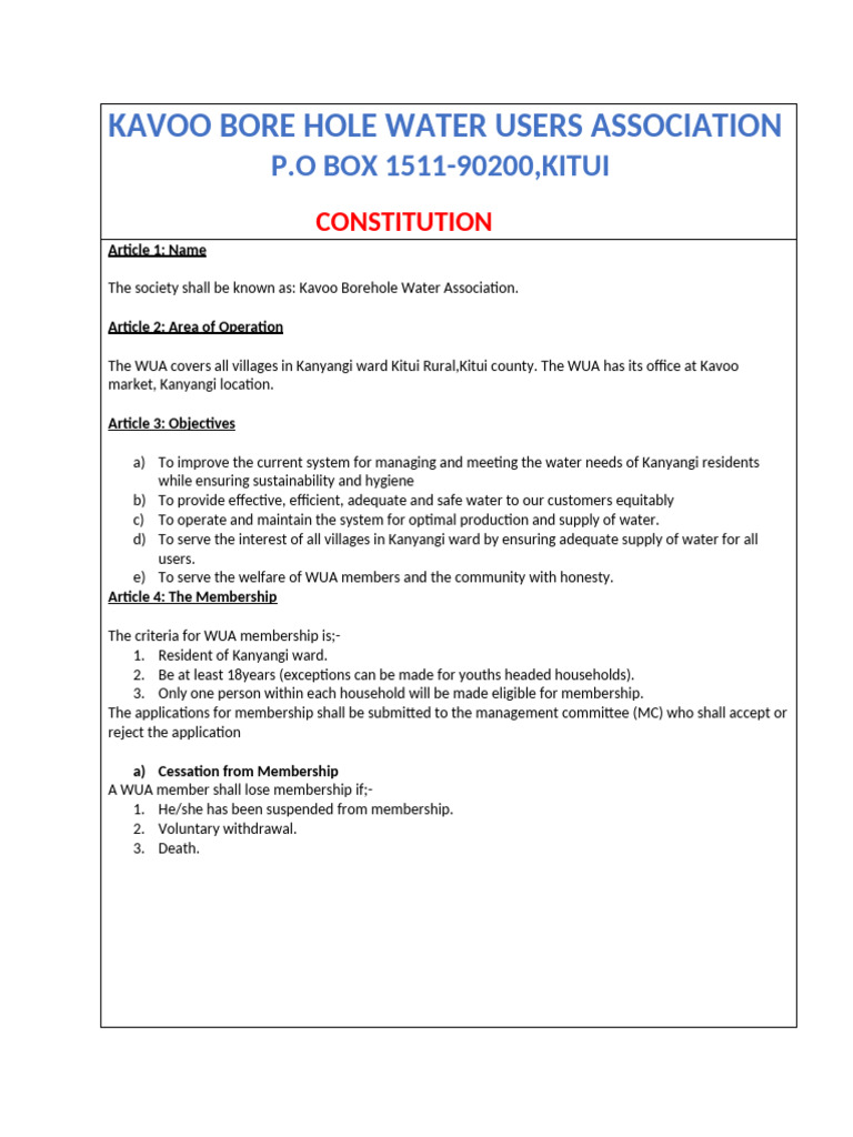 Kavoo Bore Hole Water Users Association | PDF