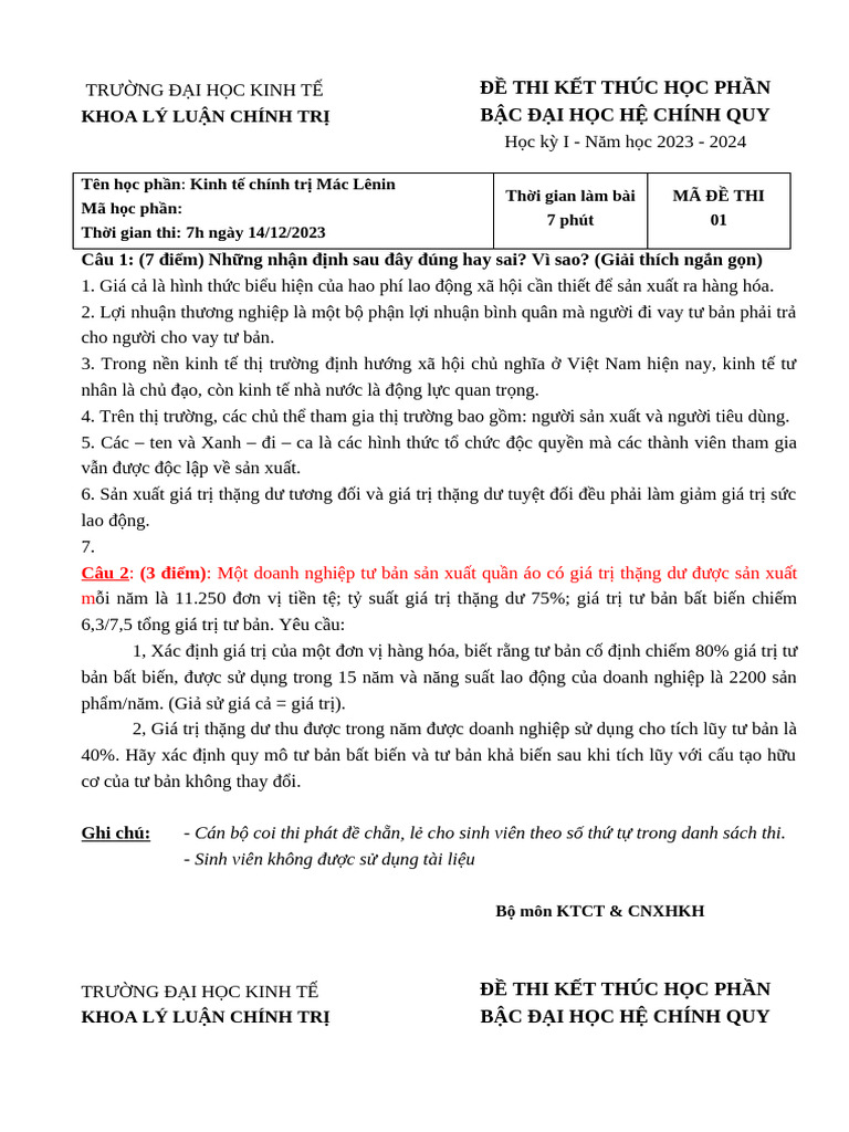 Đề thi KTCT ĐHSP. HKI (2023-2024) | PDF