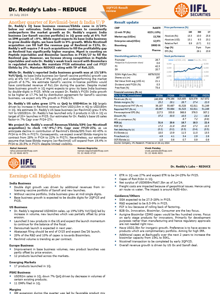 IIFL - DR Reddys - 1QFY25 Review - 20240729 | PDF | Expense | Financial Accounting