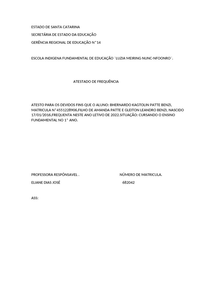 Atestado de Frequência Escolar 2022 | PDF