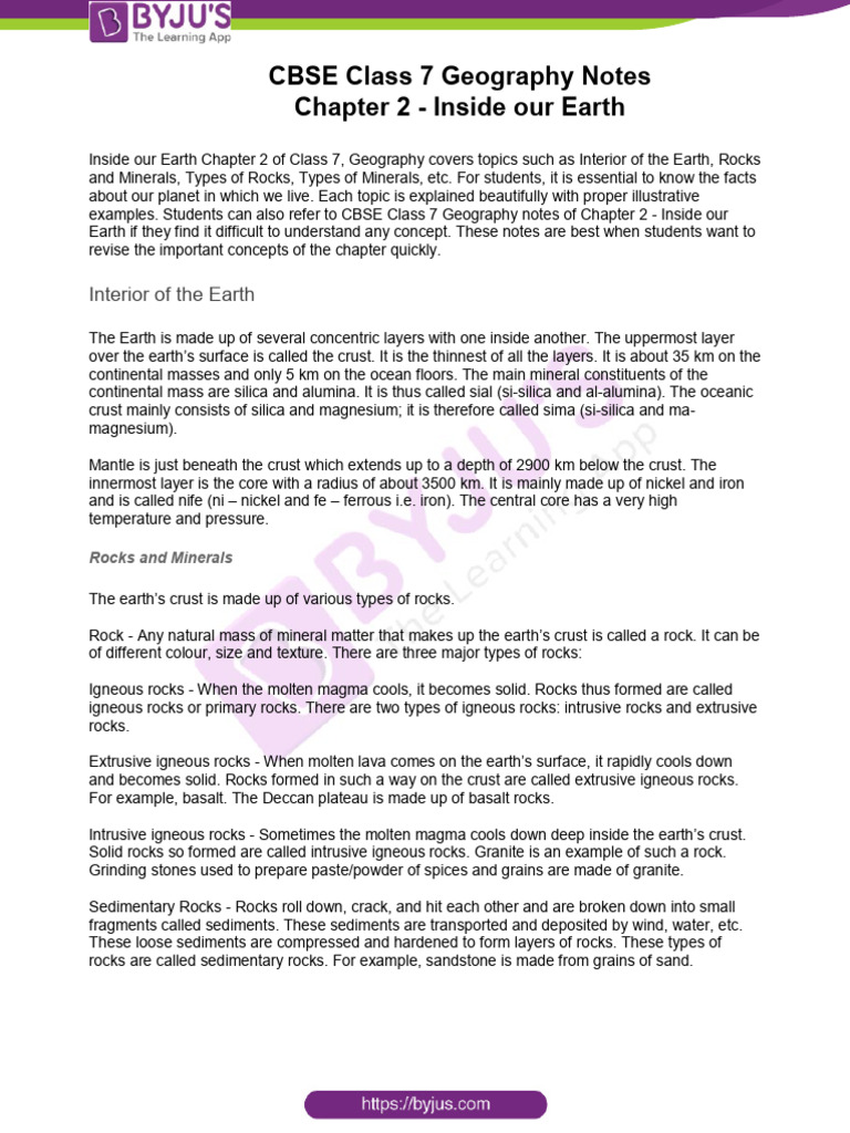CBSE-Class-7-Geography-Notes-Chapter-2-Inside-our-Earth | PDF | Rock ...