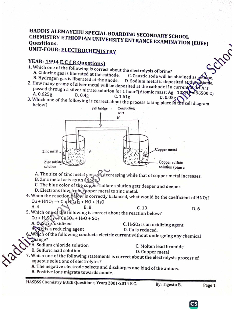 Chemistry G12 Unit4 Entrance Exam | PDF