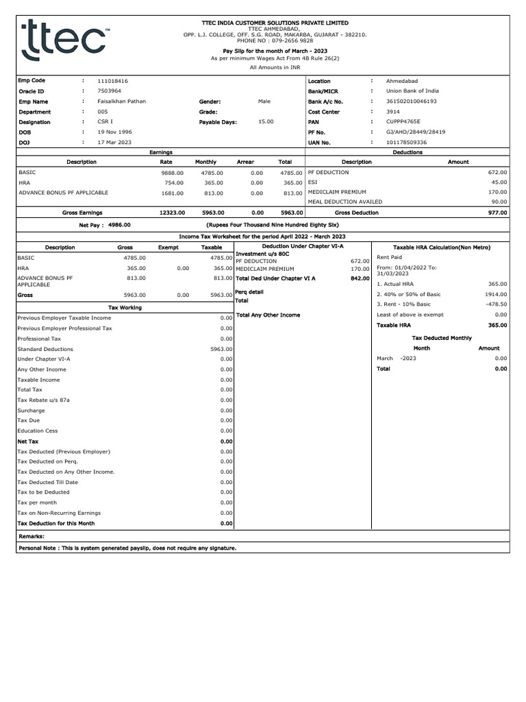 TTEC 03 2023 Salary Slip | PDF | Tax Deduction | Taxes