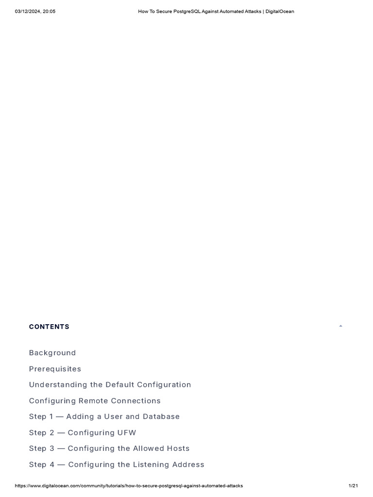 How To Secure PostgreSQL Against Automated Attacks - DigitalOcean | PDF | Postgre Sql | Databases