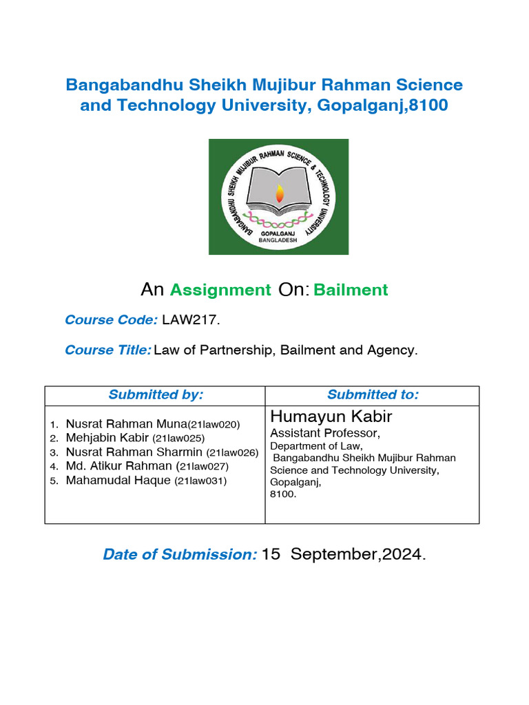 Bailment Assingnment - Atik PDF | PDF | Indemnity | Business Law