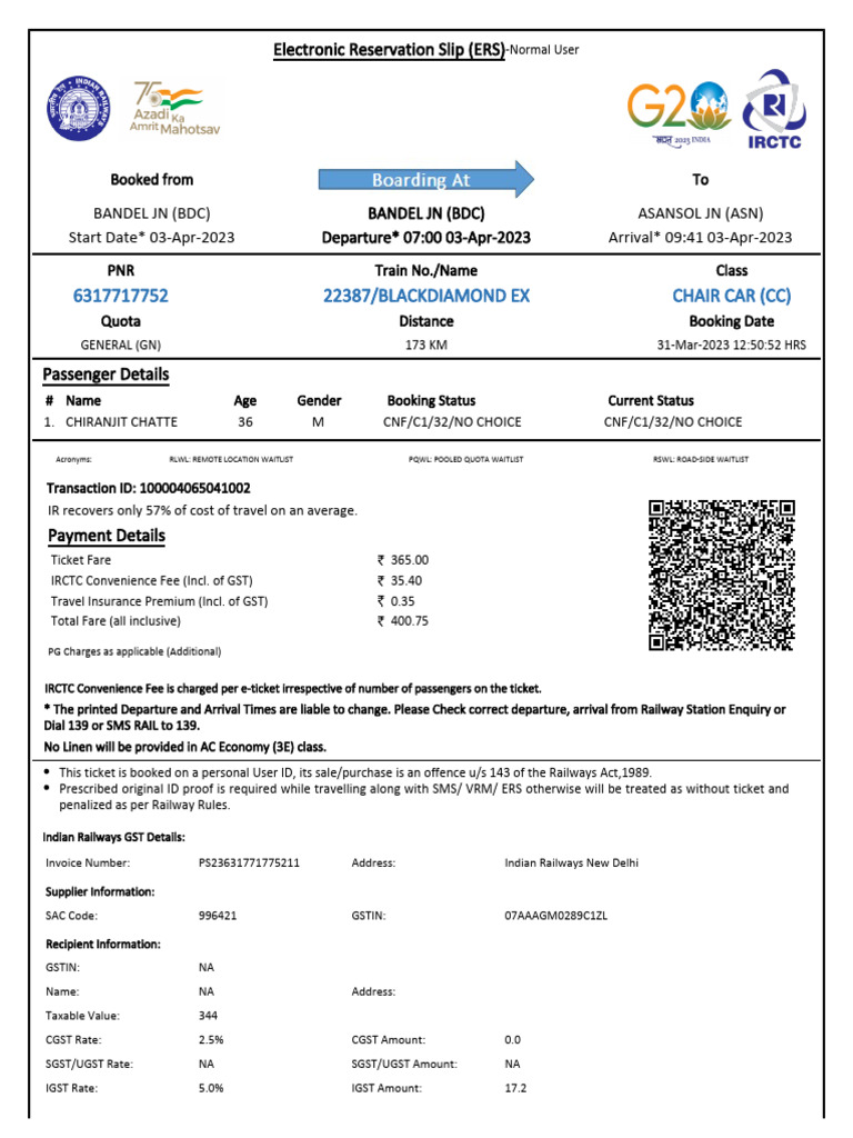 Electronic Reservation Slip for Train Travel | PDF | Identity Document