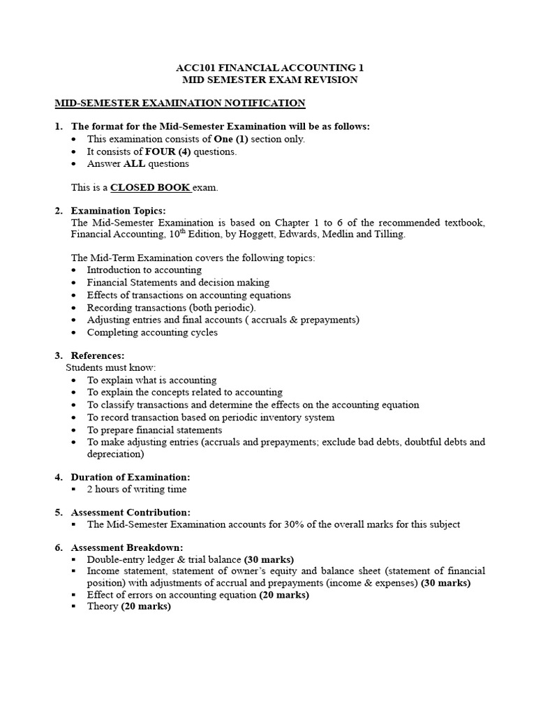 ACC101 Mid-Semester Exam Revision Guide | PDF | Debits And Credits | Expense