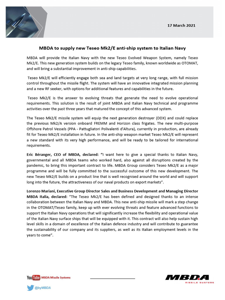 2021-03-17-PR-TESEO_MK2E_-Contract_ENG | PDF | Missile | Missile Types