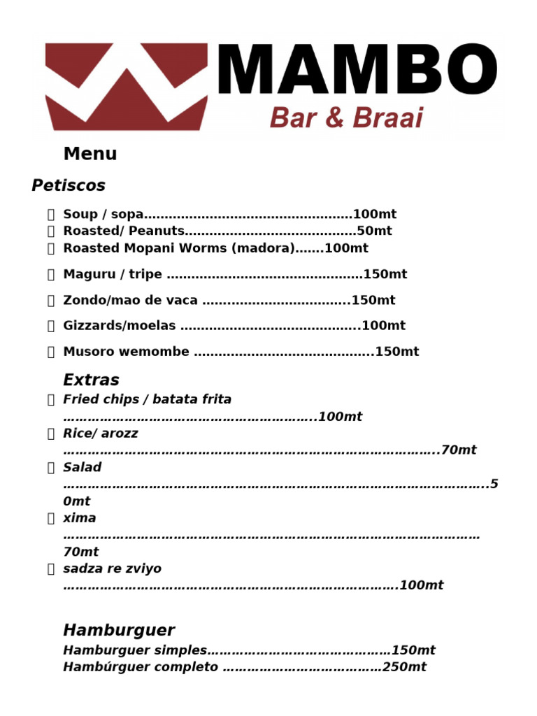 Mambo bar & braai menu | PDF | Foods | Food Industry