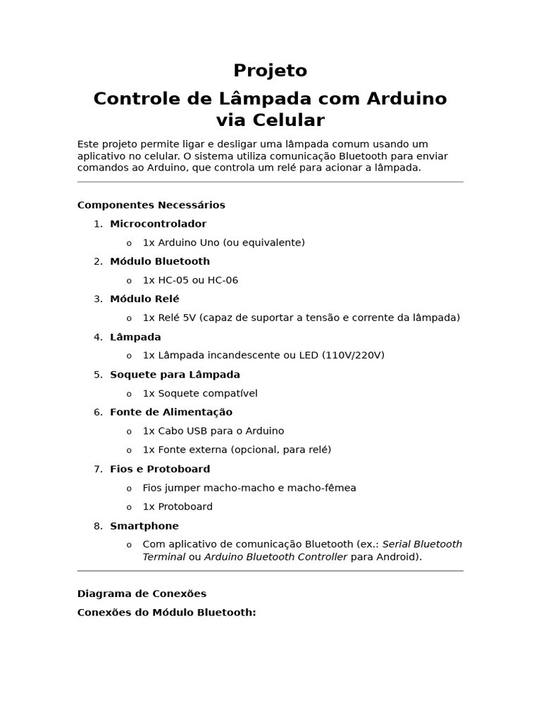 Projeto Controle de Lâmpada Com Arduíno Via Celular | PDF | Arduino ...