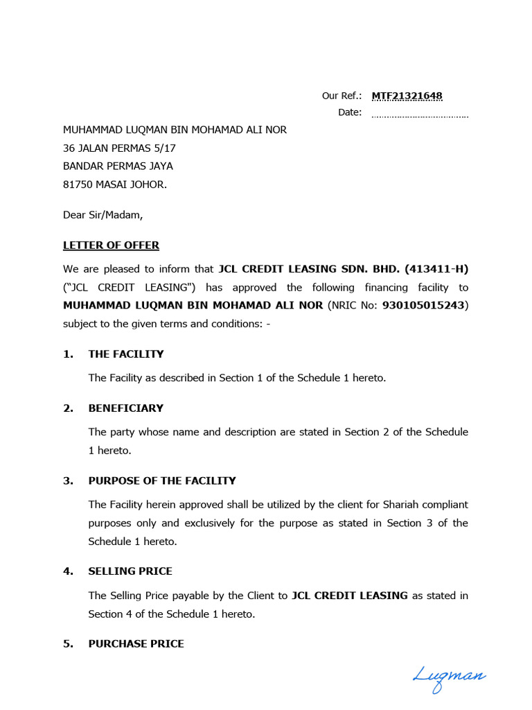 Letter Offer-Mtf21321648 - Muhammad Luqman Bin Mohamad Ali Nor | PDF
