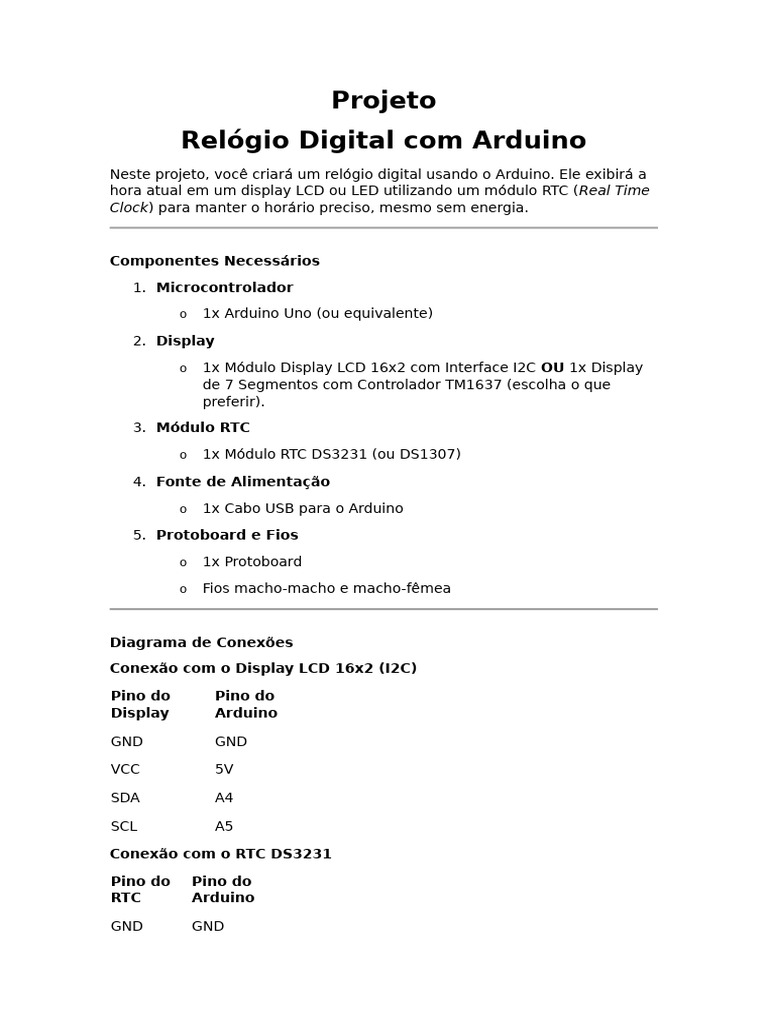 Projeto Relógio Digital Com Arduíno Pdf Arduino Engenharia Da Computação