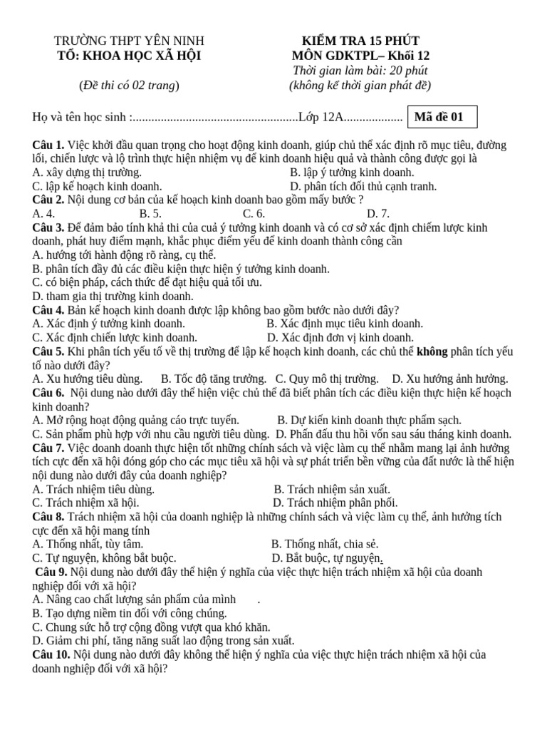 Bài kiểm tra 15 phút lần 2 HK1 | PDF