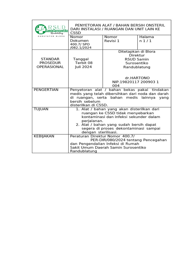 SPO PENYETORAN ALAT BERSIH ONSTERIL DARI RUANGAN DAN UNIT LAIN KE CSSD ...