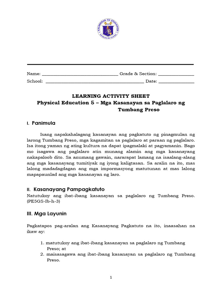MAPEH - PE5 - Q1 - Wk3 - Kasanayan Sa Paglalaro NG Tumbang Preso | PDF
