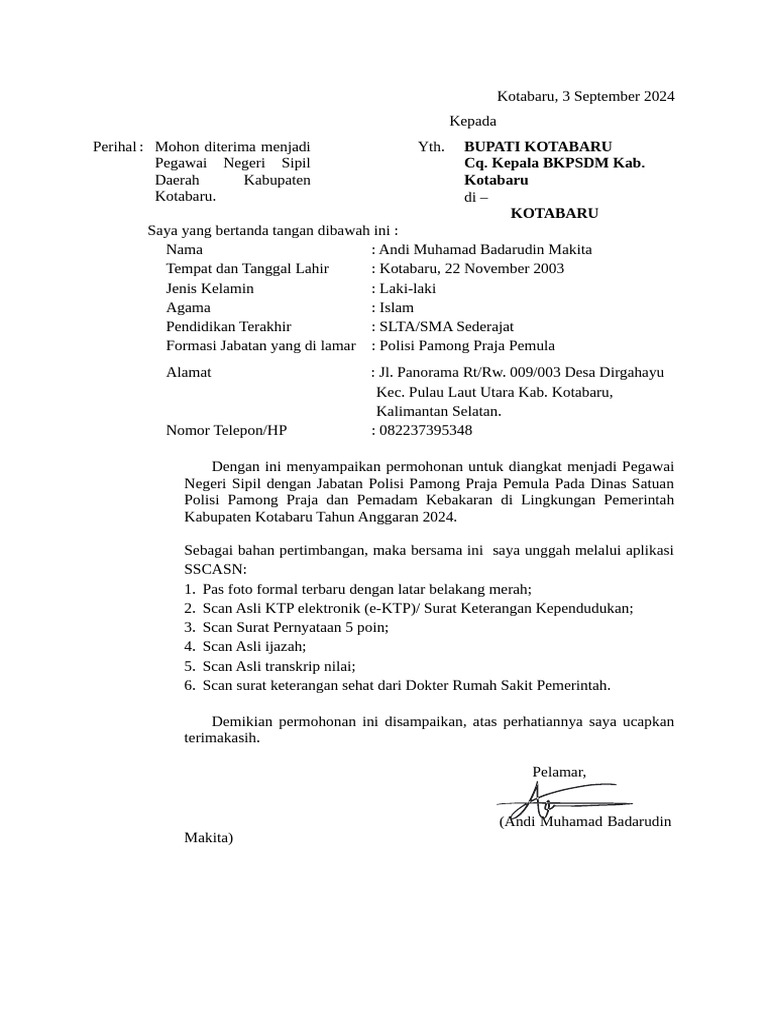 Surat Lamaran Andi CPNS | PDF